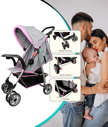 AmorosO Single Stroller - Baby Stroller with Four Wheels - Lightweight Stroller - Convertible Stroller with Extra Storage Space - Foldable Stroller with Sun Protection Hood Cover (Pink/Grey)