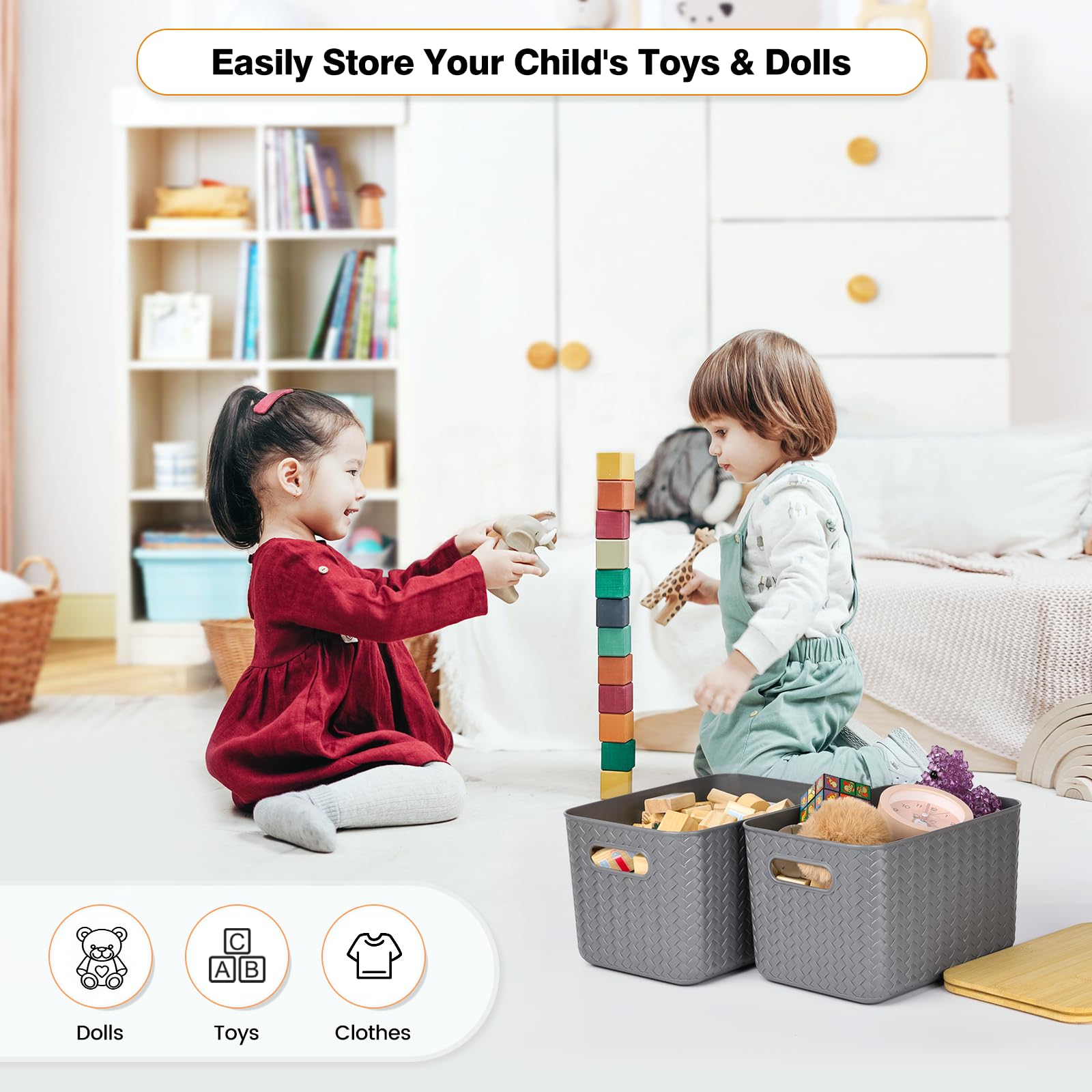 2 Packs Storage Bins with Bamboo Lids - Plastic Storage Containers with Lids Stackable Storage Box:Storage Baskets for Organizing Desktop Closet Playroom Classroom Office,10.2 x 7 x 6.5 inch,Gray