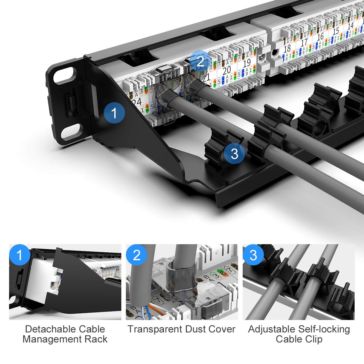 AMPCOM Industrial Series CAT6 24 Ports Patch Panel, Rack Mount - 1U, 19 inch, RJ45 Ethernet 568A 568B, 50u Gold Plated, with Rear Cable Management Bar