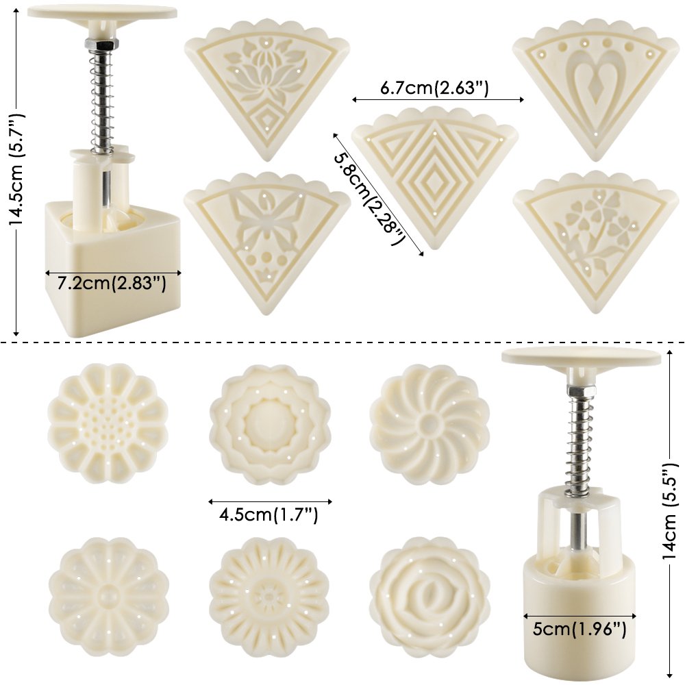 2 Sets Mooncake Mold Press 50g with 11 Stamps, SENHAI Flower and Triangle Shape Decoration Tools for Baking DIY Cookie - White