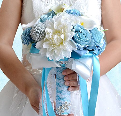 Abbie Home Real Touch Calla Lily Dahlia Bridal Bouquets Crystal Light Blue Ribbon Beach Wedding Rose Flowers Décor (B Round Bouquet)