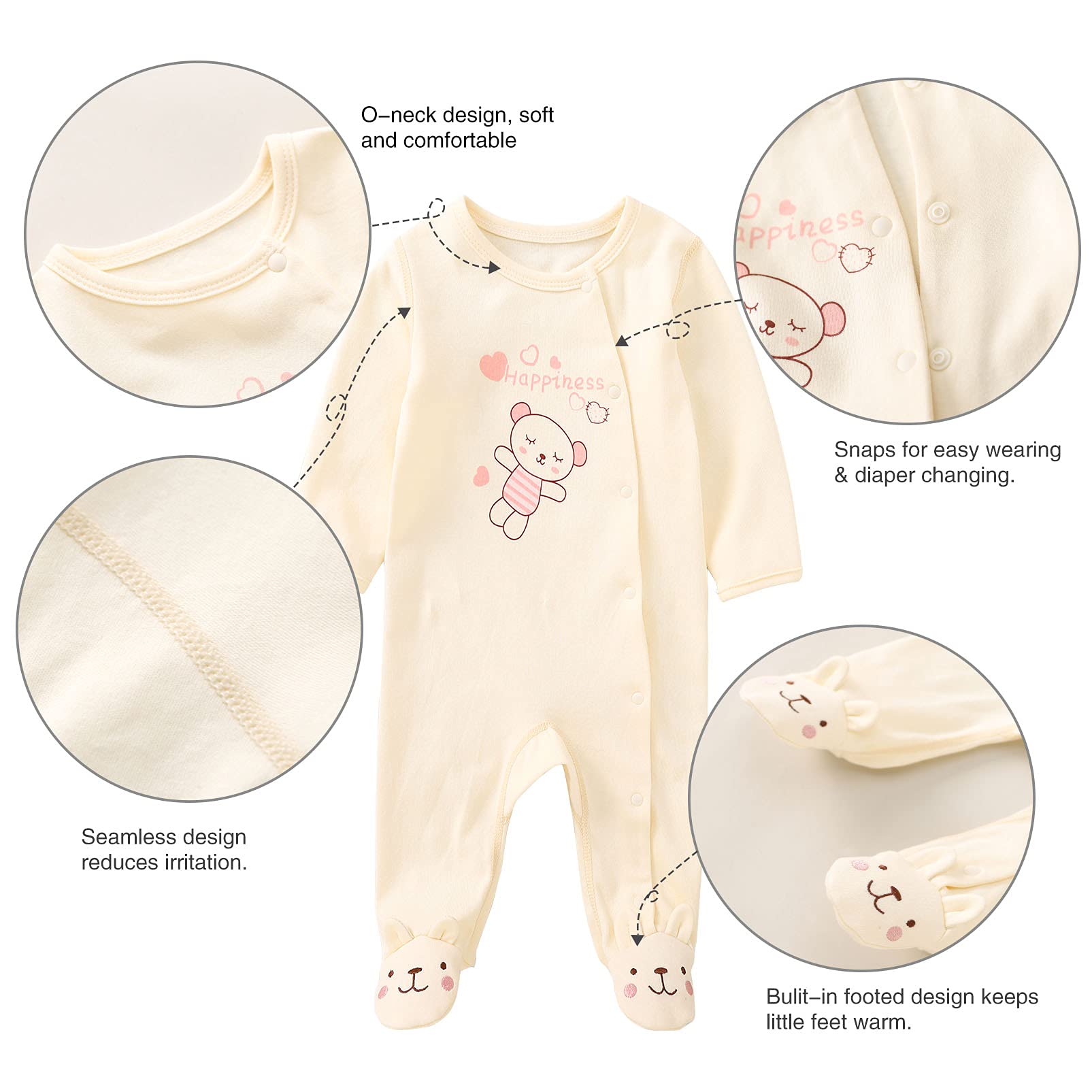 pureborn 2-Pack Baby Girls Footed Pajamas Infant Seamless Long Sleeve Cotton Footies Sleep and Play White + Beige Bear 0-3 Months