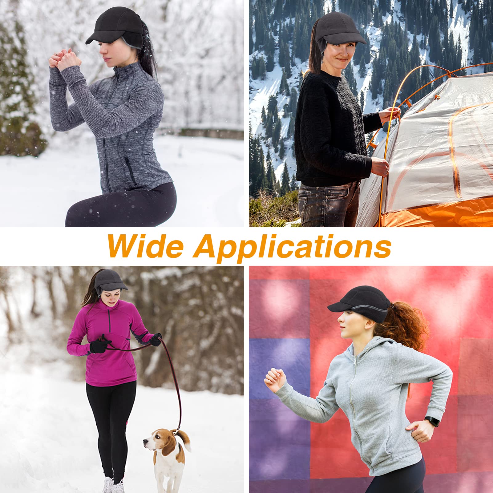 2 PCS Fleece Ponytail Hat, Reflective Women Winter Hats with Drop Down Ear Warmer, Soft Elastic Warm Caps for Outdoor Running Walking Yoga (Dark Grey + Black)