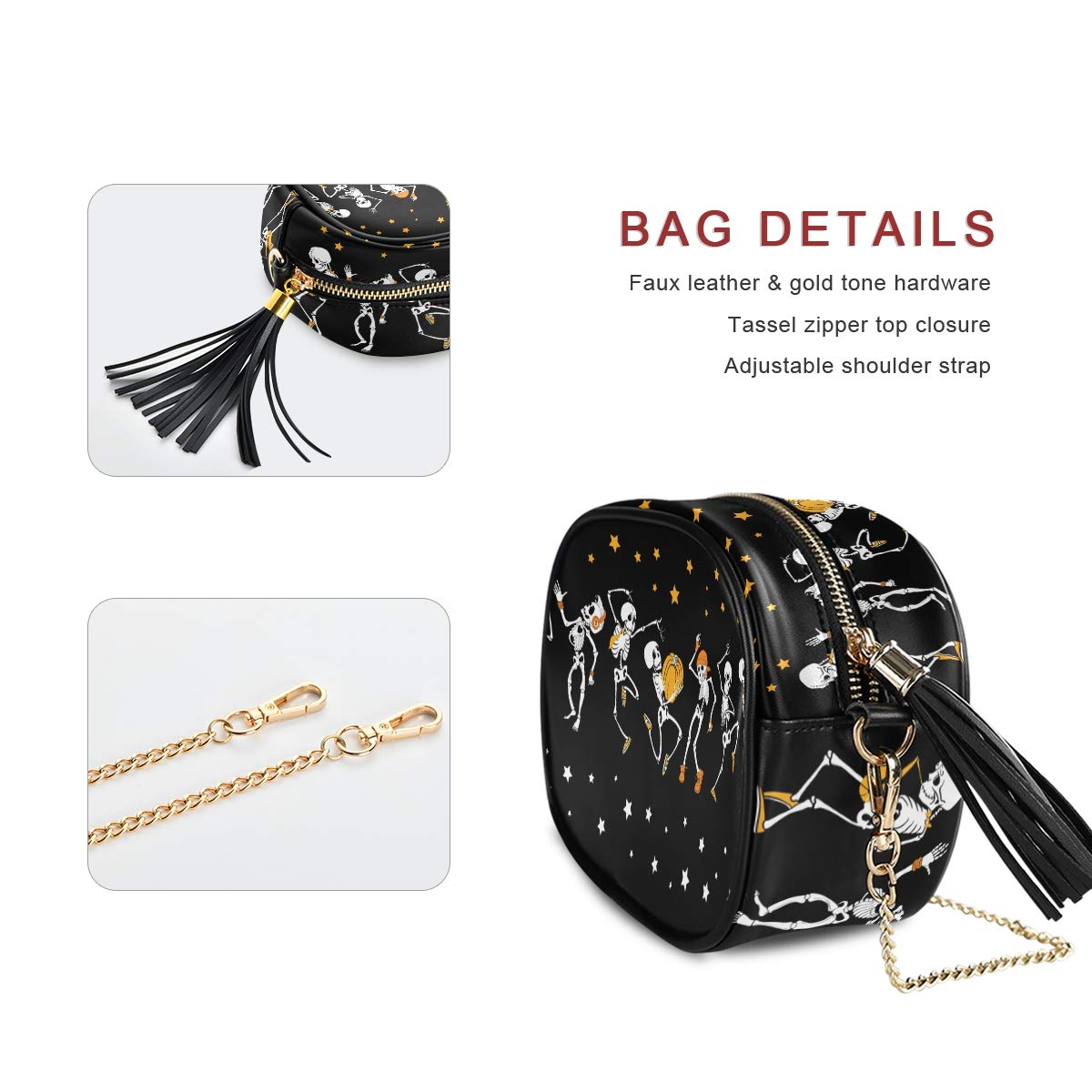 ALAZA Cute Sugar Skull Pumpkin Star Halloween PU Leather Small Crossbody Bag Purse Wallet Cell Phone Bags with Adjustable Chain Strap & Multi Pocket