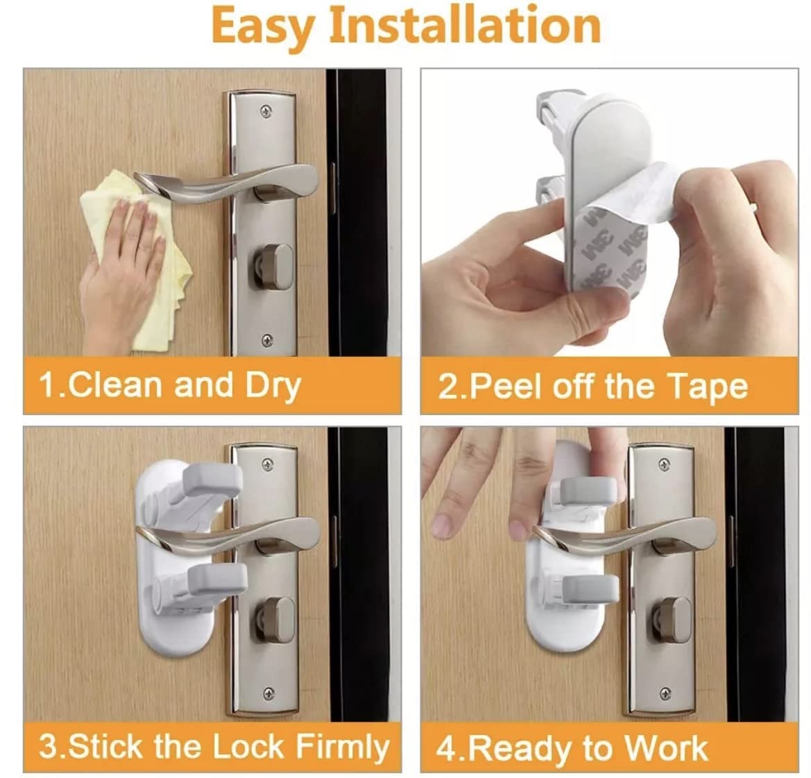 4 Pack, New and Improved Childproof Safety Door Lock, Prevents Toddlers from Opening Doors, BPA Free, 3M Adhesive, Easy to Install, No Drilling Needed.