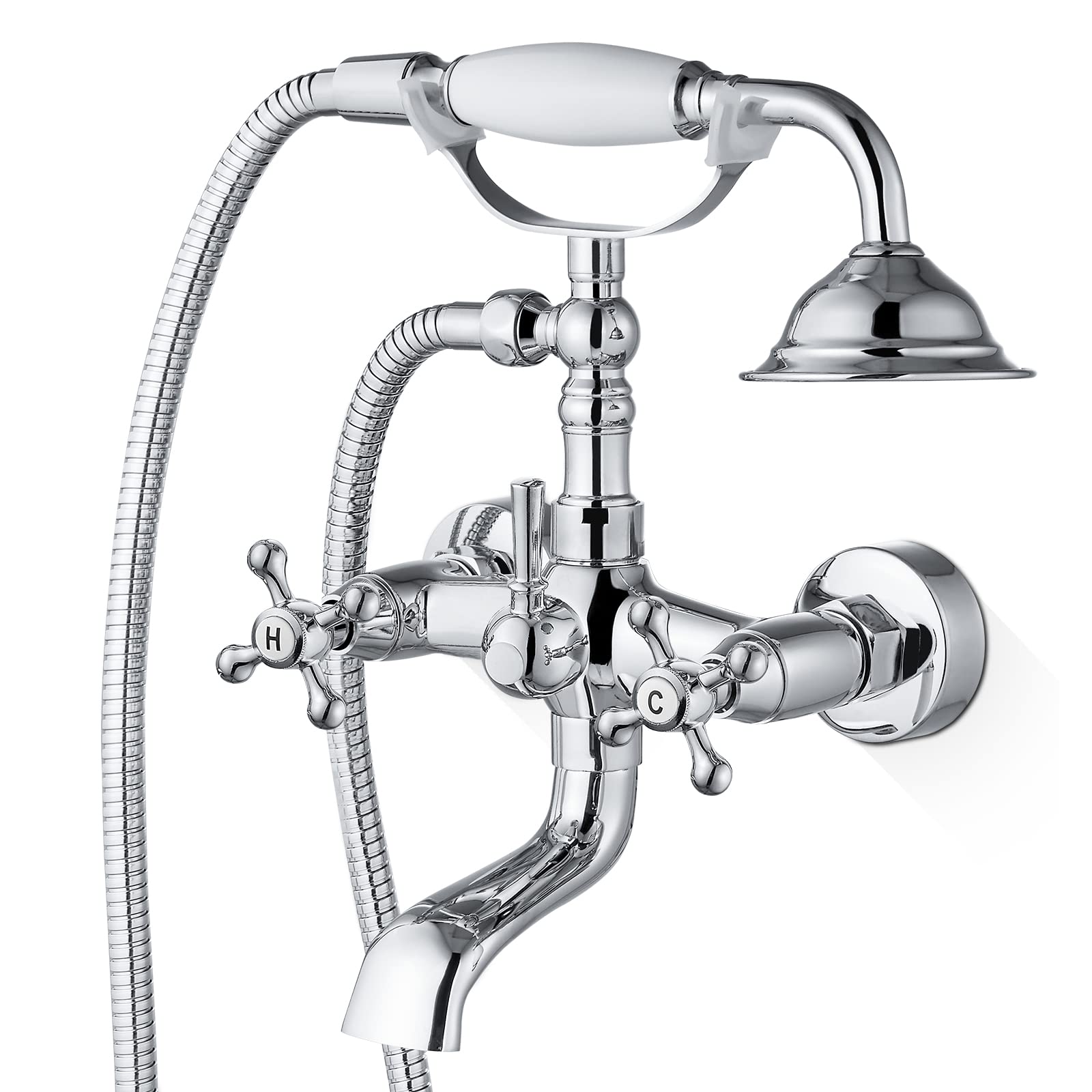 Airuida Wall Mount Bathtub Faucet Chrome Polish with Handheld Shower Chrome Polish Wall Mount Kitchen Sink Faucet 8 Inch Center