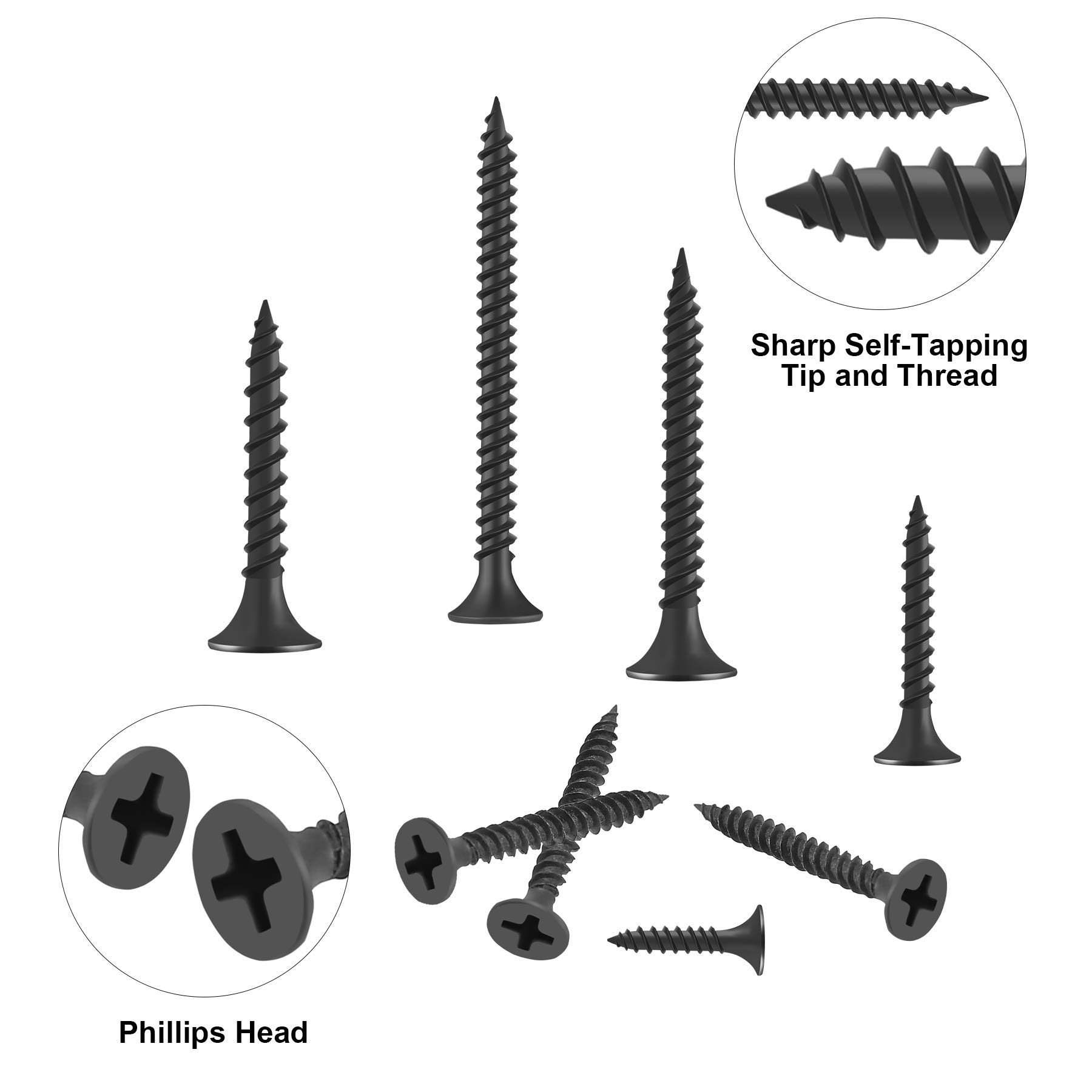 FARRAY #6 Drywall Screws, 150pcs Phillips Wood Screws Assortment Kit, Carbon Steel Black Self Tapping Screws, Screw Set for Drywall Sheetrock, Furniture