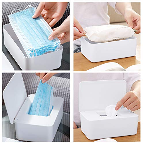 DOERDO 3 PCS Wipe Dispenser and Wet Wipe Pouch Bags Baby Wipe Holder with Lid Wipes Box Tissue Case Box Keeps Baby Wipe Fresh and Safe(White&2 Bags)