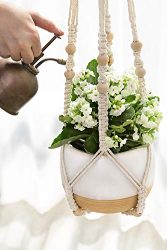 Mkono 3 Pack Macrame Plant Hangers with Pots, 35"/29"/23" Indoor Different Size Hanging Planter Basket Flower Pot Holder with Saucers & Hooks No Tassels (Plastic Flower Pots Included), Medium, Ivory