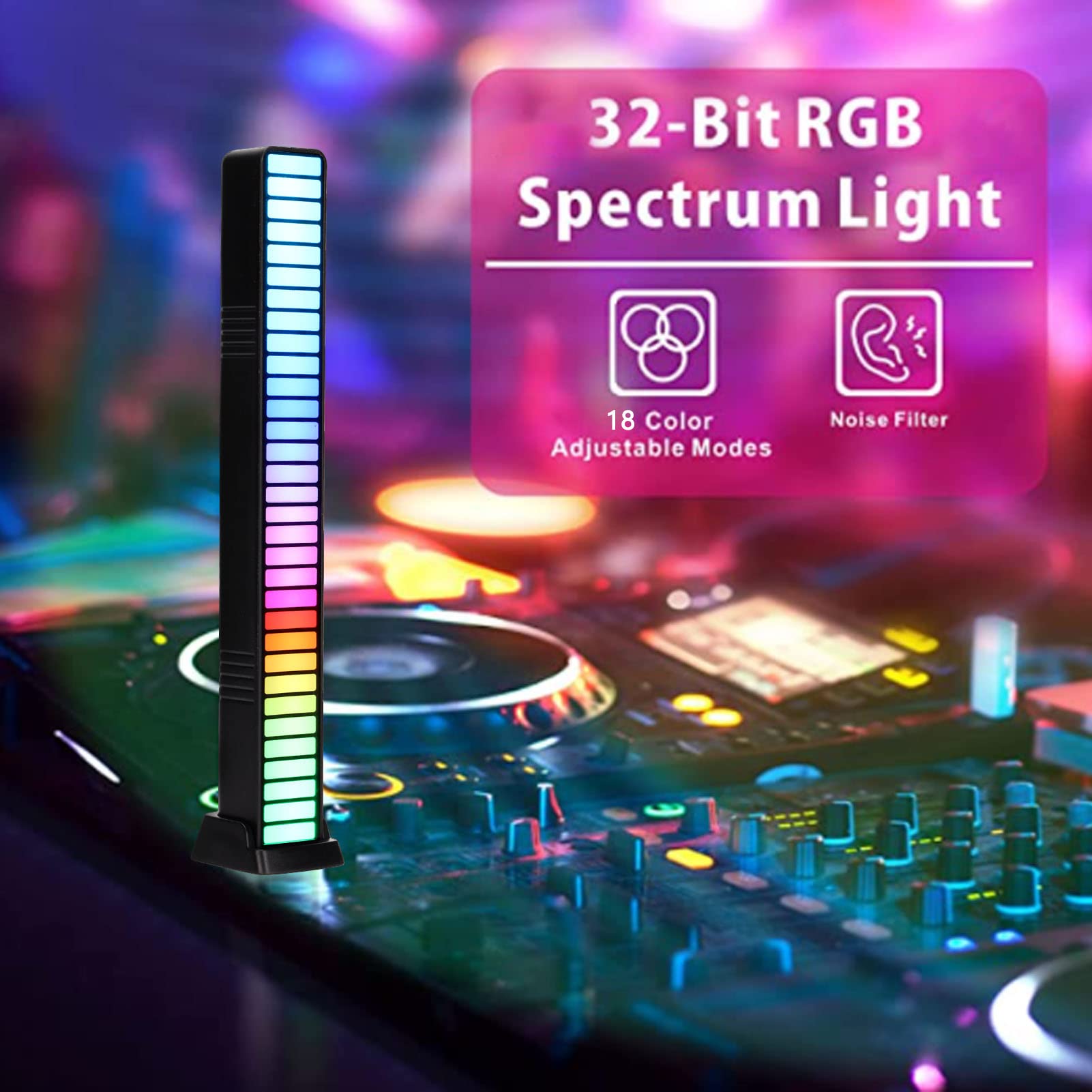 1Pcs Sound Activated Light, LED RGB Light Bar, 32 Bit Music Pickup Rhythm Light, USB Rechargeable, Ambient Light for Car, DJ, Gaming Room, Party, TV
