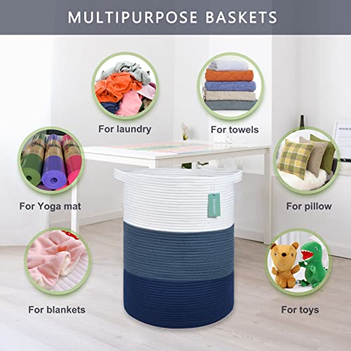 BOSROTY Extra Large Blanket Basket, Tall Laundry Basket, Laundry Hamper, Large Storage Basket, 15.7βx 21.7β,Cotton Rope Basket, Woven Basket, Toy Basket, Clothes Baskets, White&Cadet Blue&Navy Blue