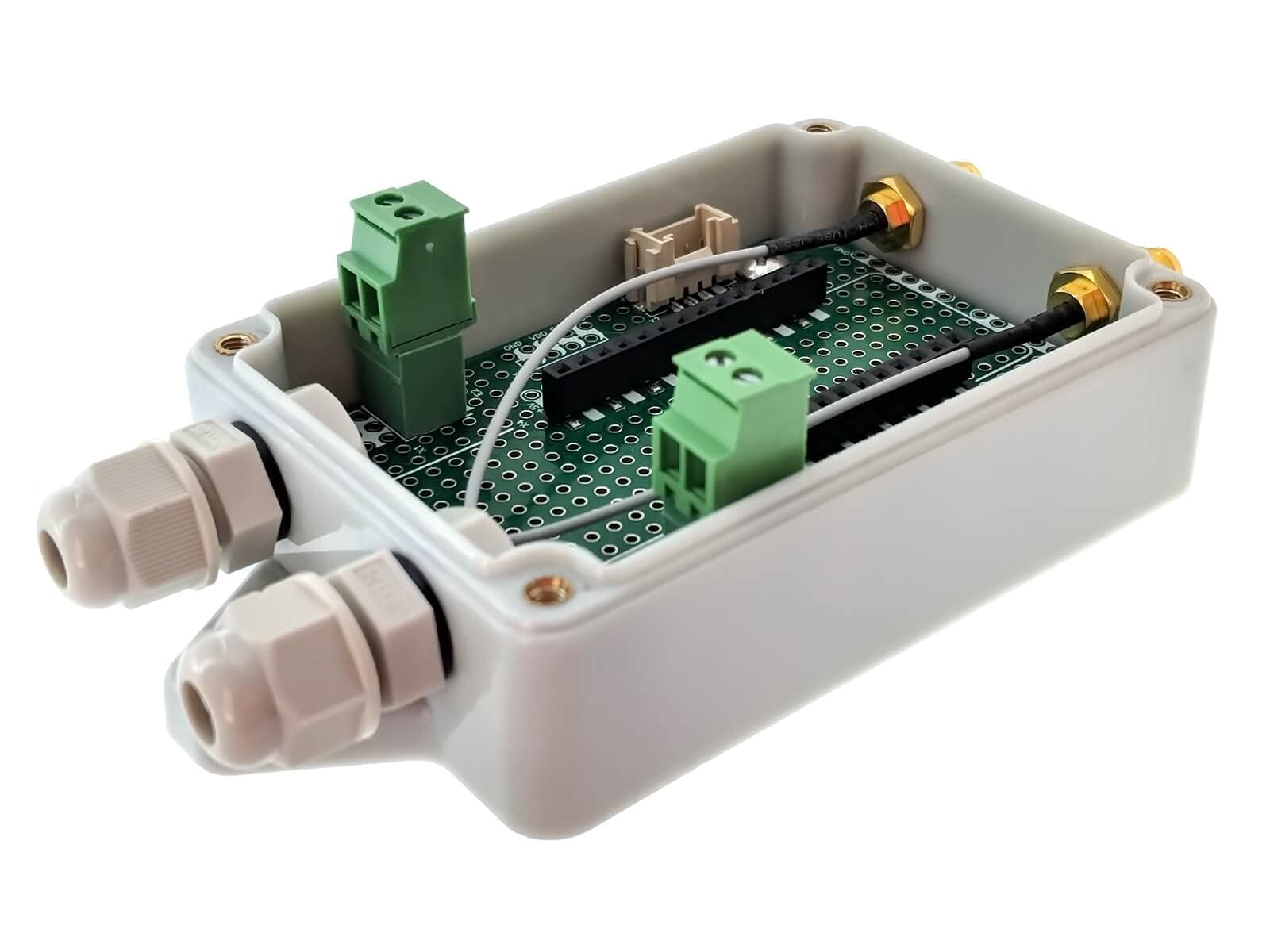 qBoxMini AMC DIY IOT Enclosure Kit (Two SMAs), IOT Enclosure for Arduino MKR ESP32 Cellular LoRa WiFi Board, Waterproof IP65 Enclosure with Glands, prototyping PCB connectors Set and Two SMAs