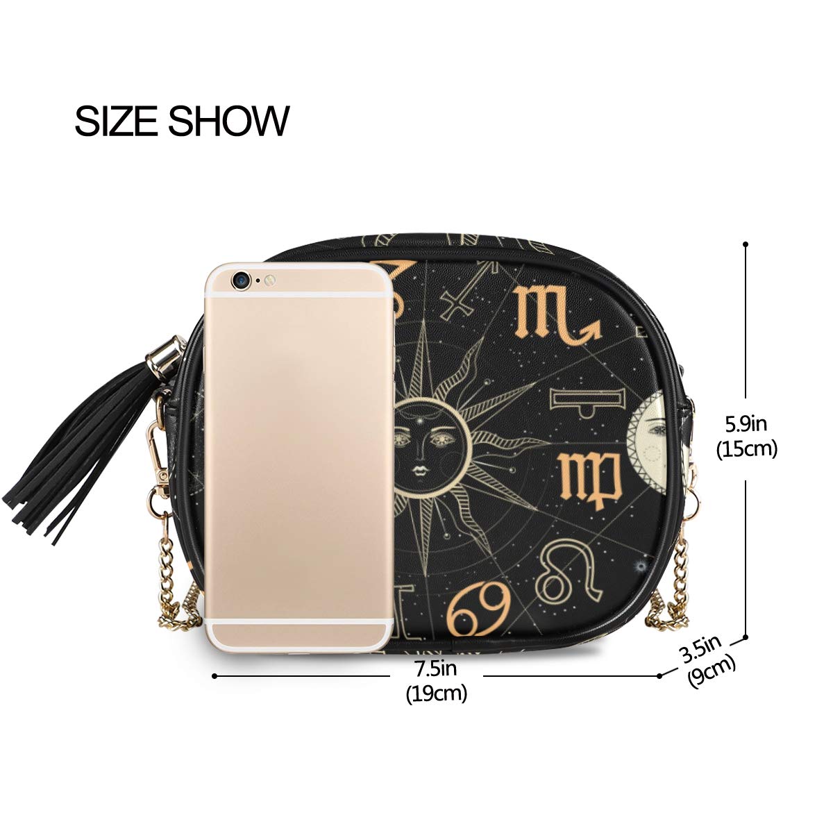 ALAZA PU Leather Small Crossbody Bag Purse Wallet Horoscope Circle With Zodiac Signs Sun Moon And Stars Cell Phone Bags with Adjustable Chain Strap & Multi Pocket