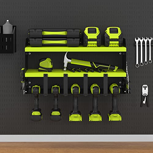 BULL-TECH Power Tool Organizer, 5 Drill Holder Wall Mount with Storage Rack, Cordless Drill Charging Station, Wall Mount Shelf Screwdriver Holder,Premium Garage Storage Organizers(Green)