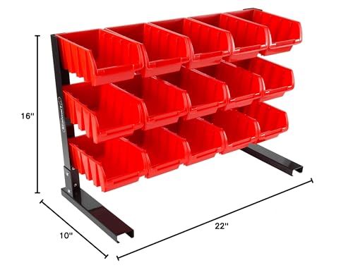 15-Bin Garage Organization Rack - Carbon Steel Rack with Removable Stackable Plastic Garage Storage Bins - Tools Organizer or Small Parts Organizer for Hardware, Crafts, or Office Supplies by Stalwart