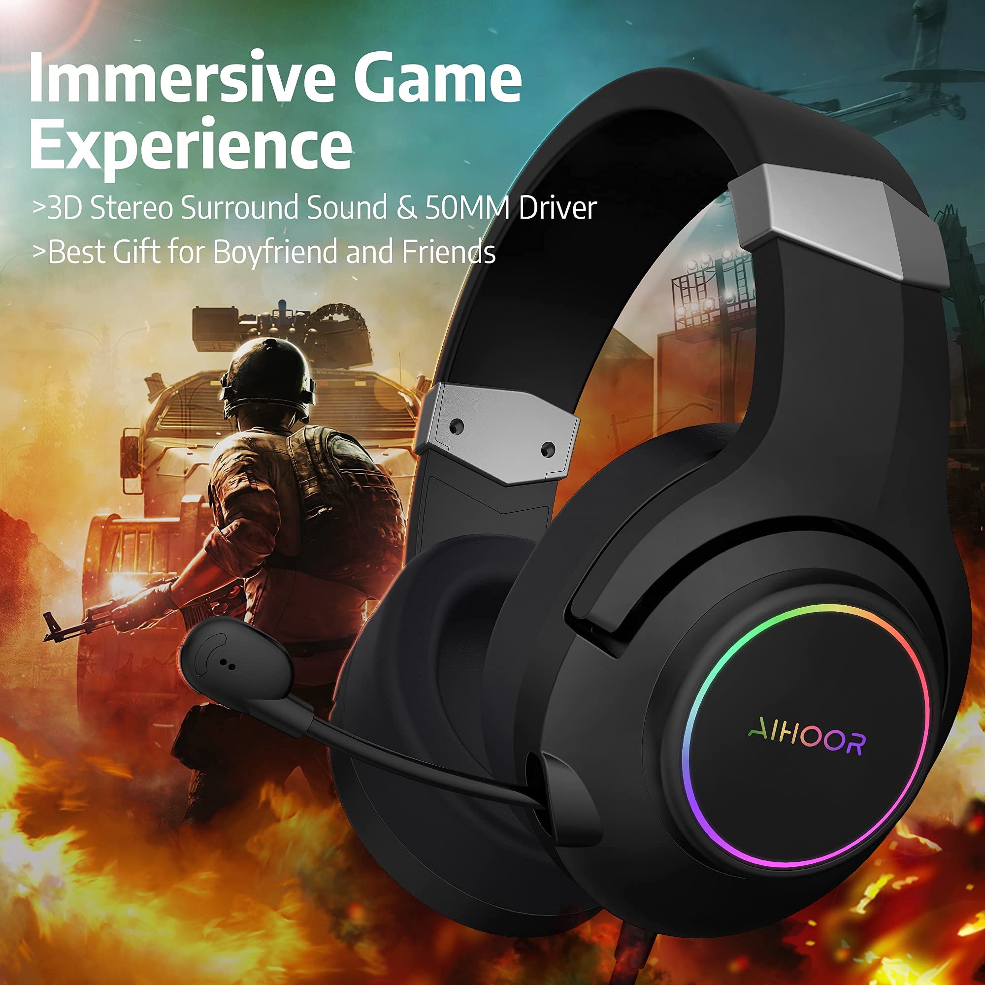 AIHOOR G10 Wired Gaming Headset with Microphone, Over Ear Headphones, Stereo Surround Sound Noise Cancelling Mic, 3.5 mm Audio Jack, Soft Memory Protein Earmuffs for PC/Mac/PS4/PS5/Switch/Xbox one