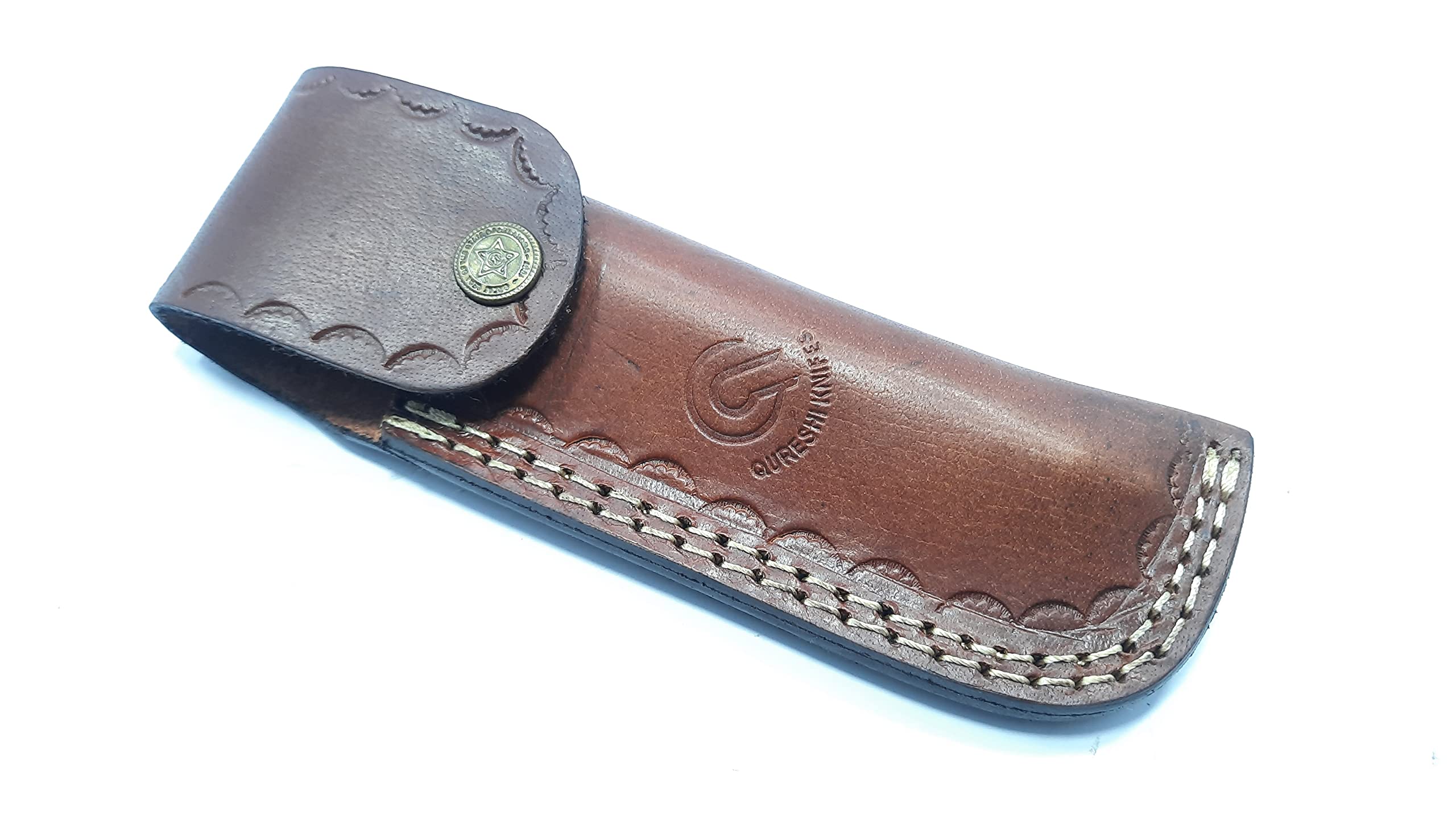 Qureshi Knifes Damascus Steel Straight Razor fixed Blade Camel Bone with Leather Sheath Belt Loop. STR-24001