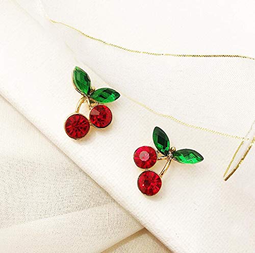 18K Gold Plated Elegant Shining Green Emerald Leaf Ruby Red Cherry Stud Earrings