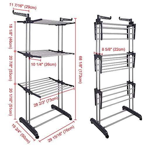 Aquaterior Folding 3 Tier Clothes Drying Rack Rolling Collapsible Garment Laundry Dryer Hanger Stand Rail Indoor Dark Grey