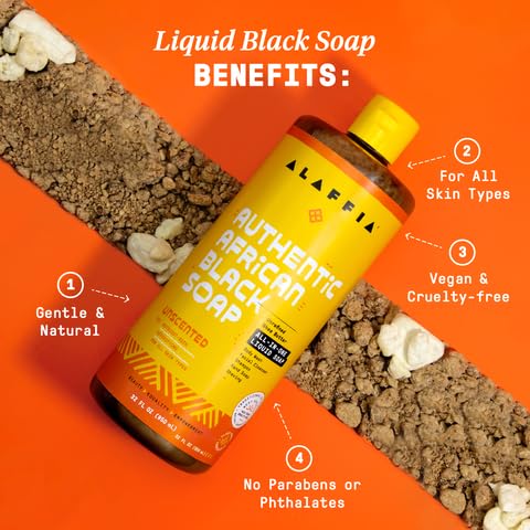 Alaffia Authentic African Black Soap Variety 2-Pack β All-In-One Liquid Soap, Travel-Size Eucalyptus Tea Tree + Full-Size Unscented Body Wash, Face Wash, Shampoo, Shaving Soap