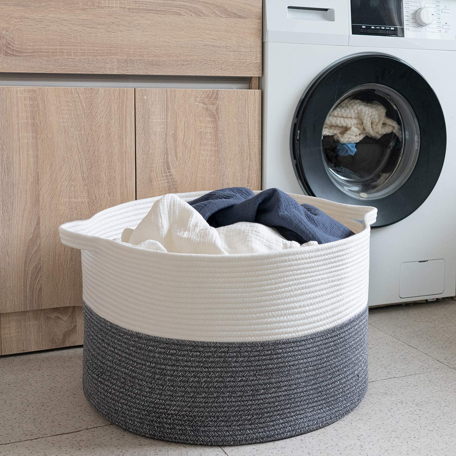 INDRESSME XXXL Large Cotton Rope Woven Basket Laundry Storage Bin with Handles (Set of 2)