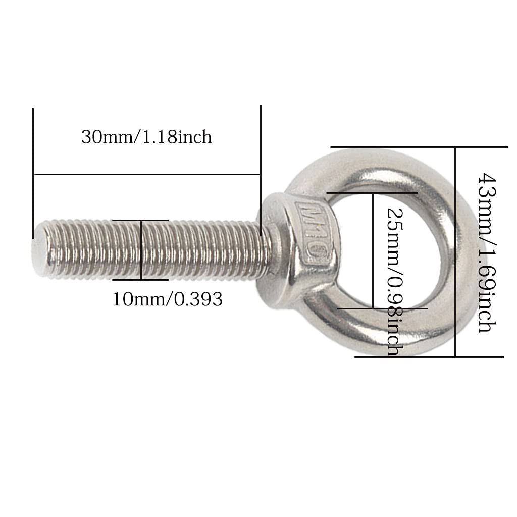 AIVOOF Stainless Steel Eye Bolts, 4 Pack M10 Shoulder Eye Bolt 1.2" Heavy Duty EyeBolts Screws in Eye Hooks with Washer and Nuts for Lifting Ring Eyebolt Thread Length 30mm