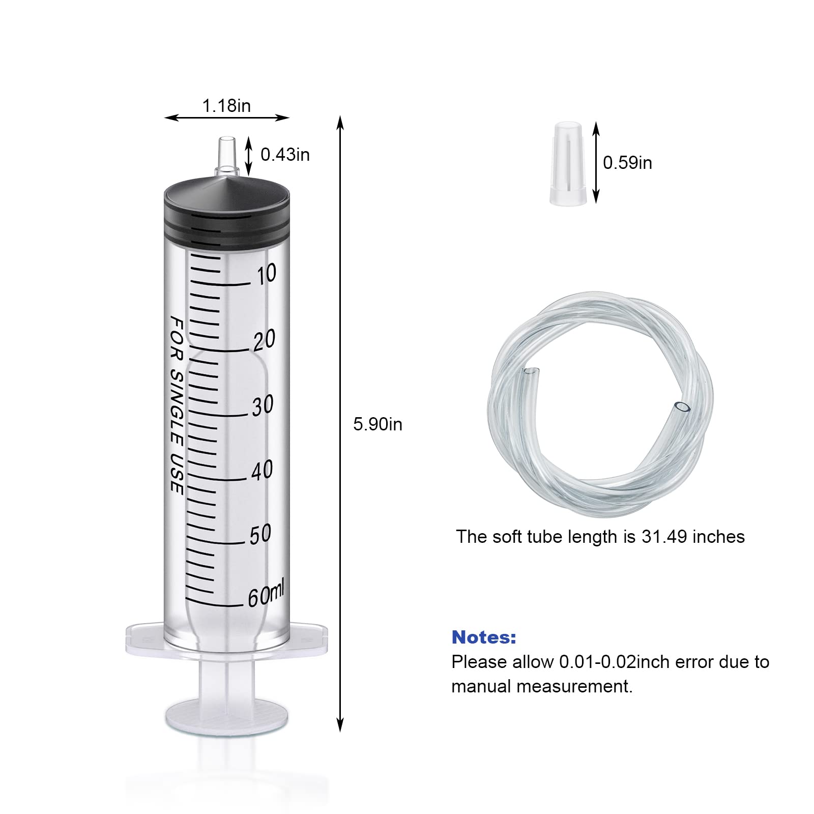 15Pack 60ml Plastic Syringe Sterile Individually Wrapped with Tip Cap & Soft Tube, Measurement and Dispensing Syringe Tools for Science,Refilling,Feeding, Oil or Glue Applicator(60ml, 15)
