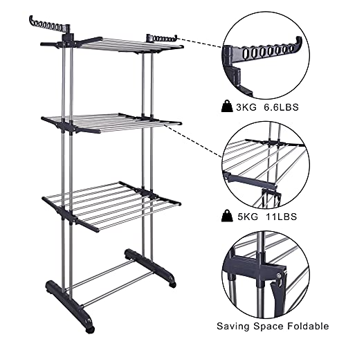Aquaterior Folding 3 Tier Clothes Drying Rack Rolling Collapsible Garment Laundry Dryer Hanger Stand Rail Indoor Dark Grey