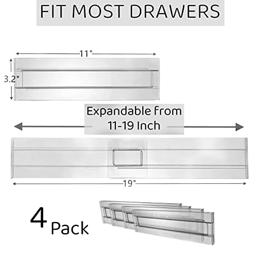 4 PCS Transparent Drawer Divider Organizers,Expandable 11-19" Dresser Drawer Dividers Clear Black to Organize Makeup,Clothes and Underwear, Plastic Drawer Organizer Adjustable Kitchen Drawer Dividers