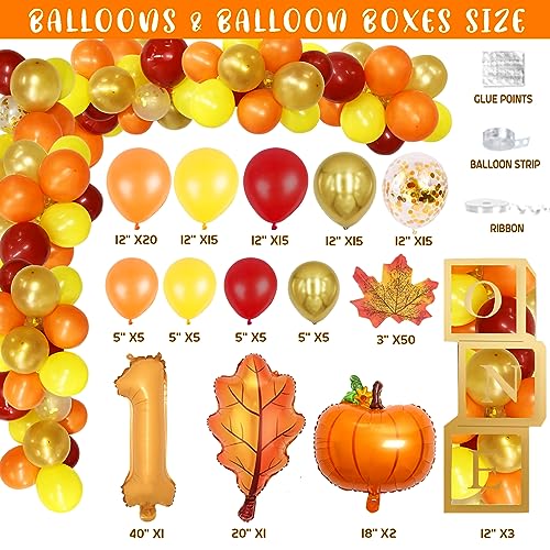 174 PCs Our Little Pumpkin Is Turning One Decorations, Hombae Thanksgiving Fall Pumpkin 1st Birthday Party Backdrop Balloon Garland Maple Leaf Banner Tablecloth Box Cutout Cake Topper Crown Poster