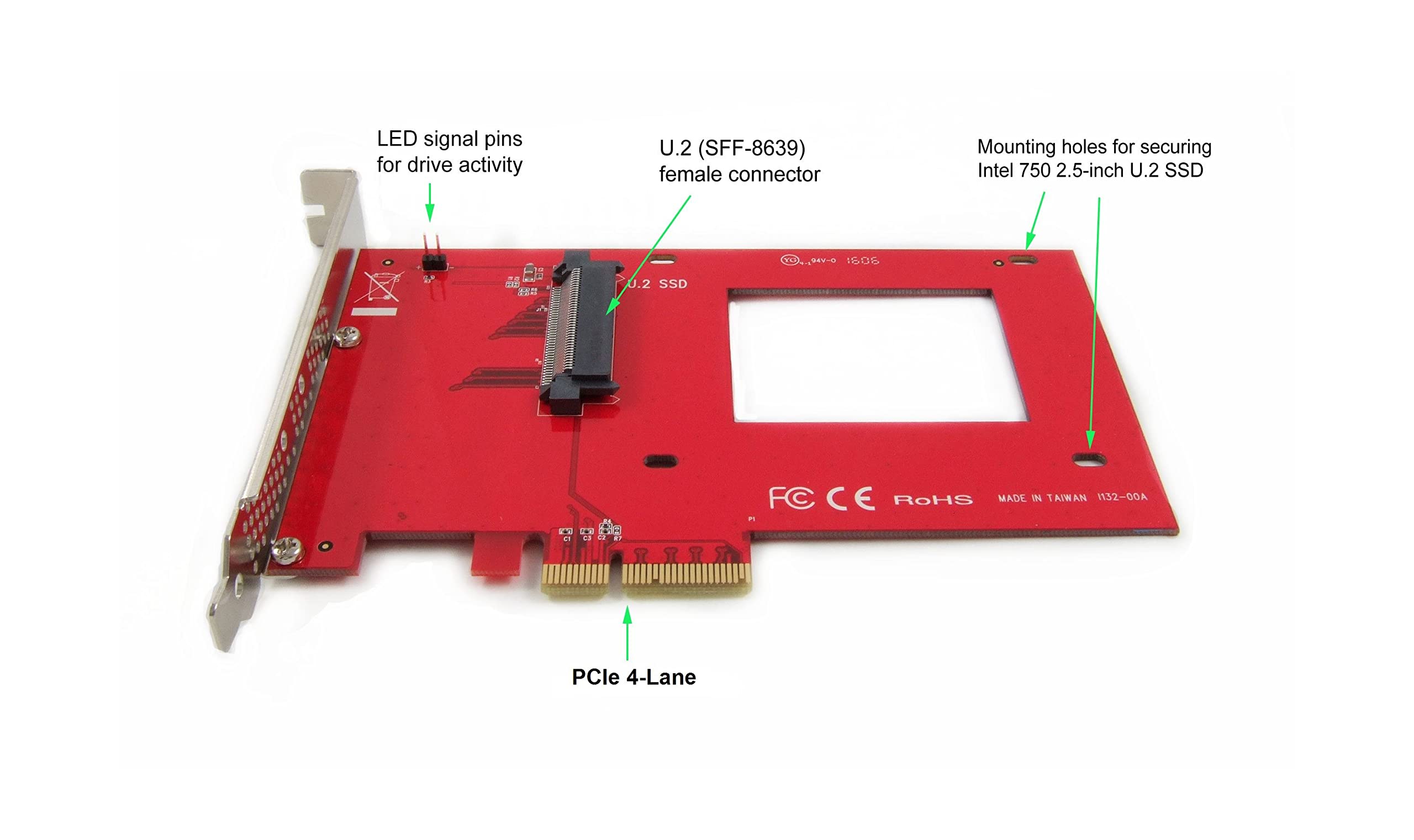 Ableconn PEXU2-132 NVMe 2.5-inch U.2 (SFF-8639) SSD PCIe 4.0 x4 Carrier Adapter Card - for 2.5-inch U.2 NVMe SSD - U.2 to PCIe - PCIe Adapter for U.2 Drive