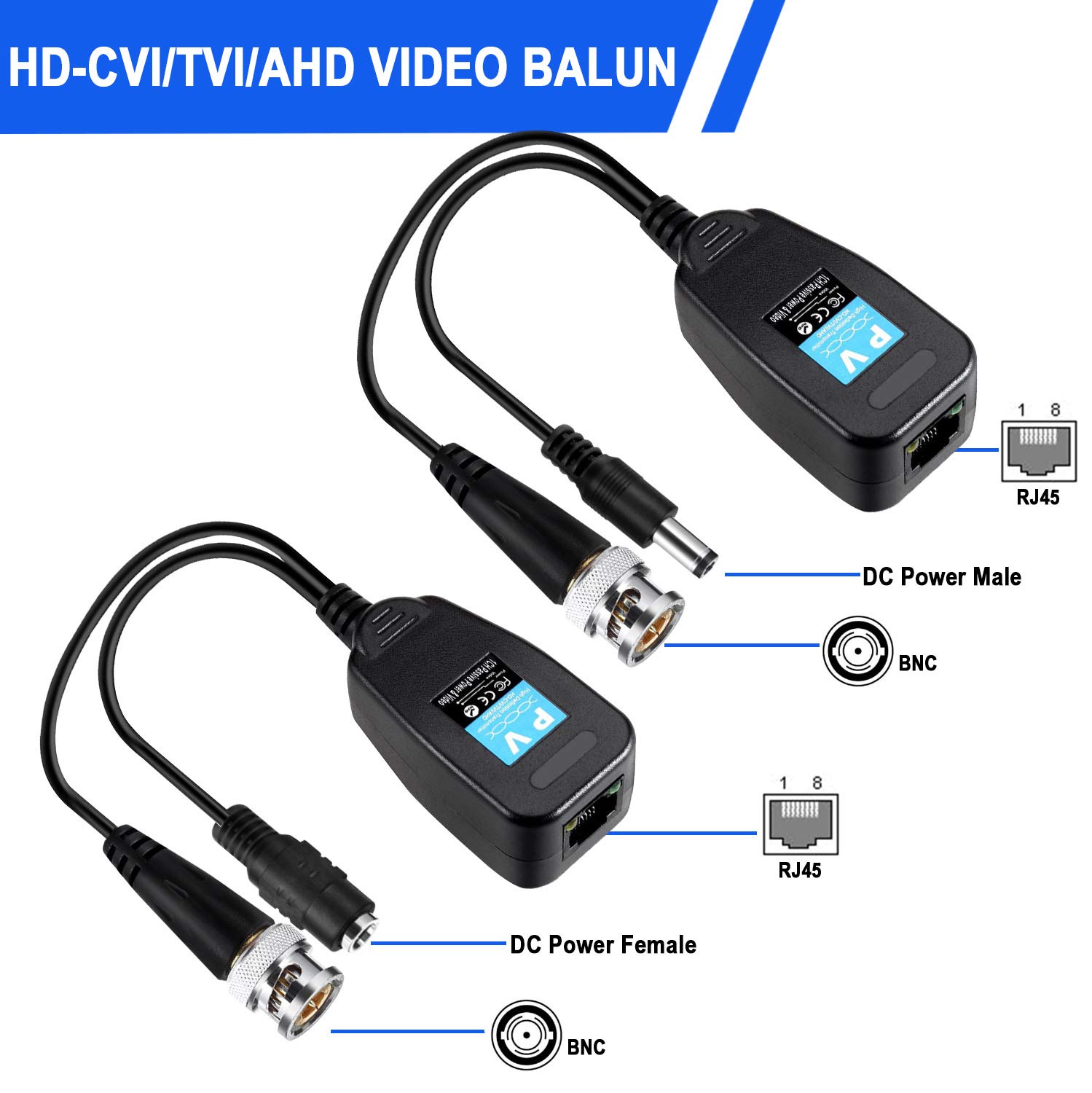 DeguangXin Passive Video Balun 12 Pairs HD-CVI/TVI/AHD Passive Video Balun with Power Connector and RJ45 CAT5 Data Transmitter BNC Twisted Pair