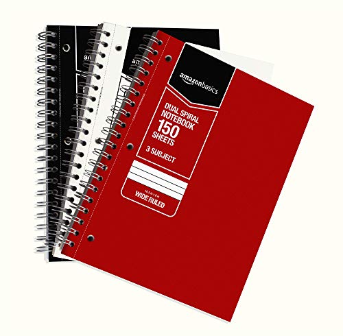 Amazon Basics Wide Ruled Wirebound 3-Subject 150-Sheet Notebook - Pack of 3, 10.5 x 8 Inch, Black / Red / White