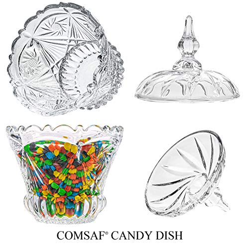 ComSaf Glass Candy Dish with Lid, Clear Large Covered Candy Bowl, Crystal Candy Jar for Home Kitchen Office Desk Christmas Gift