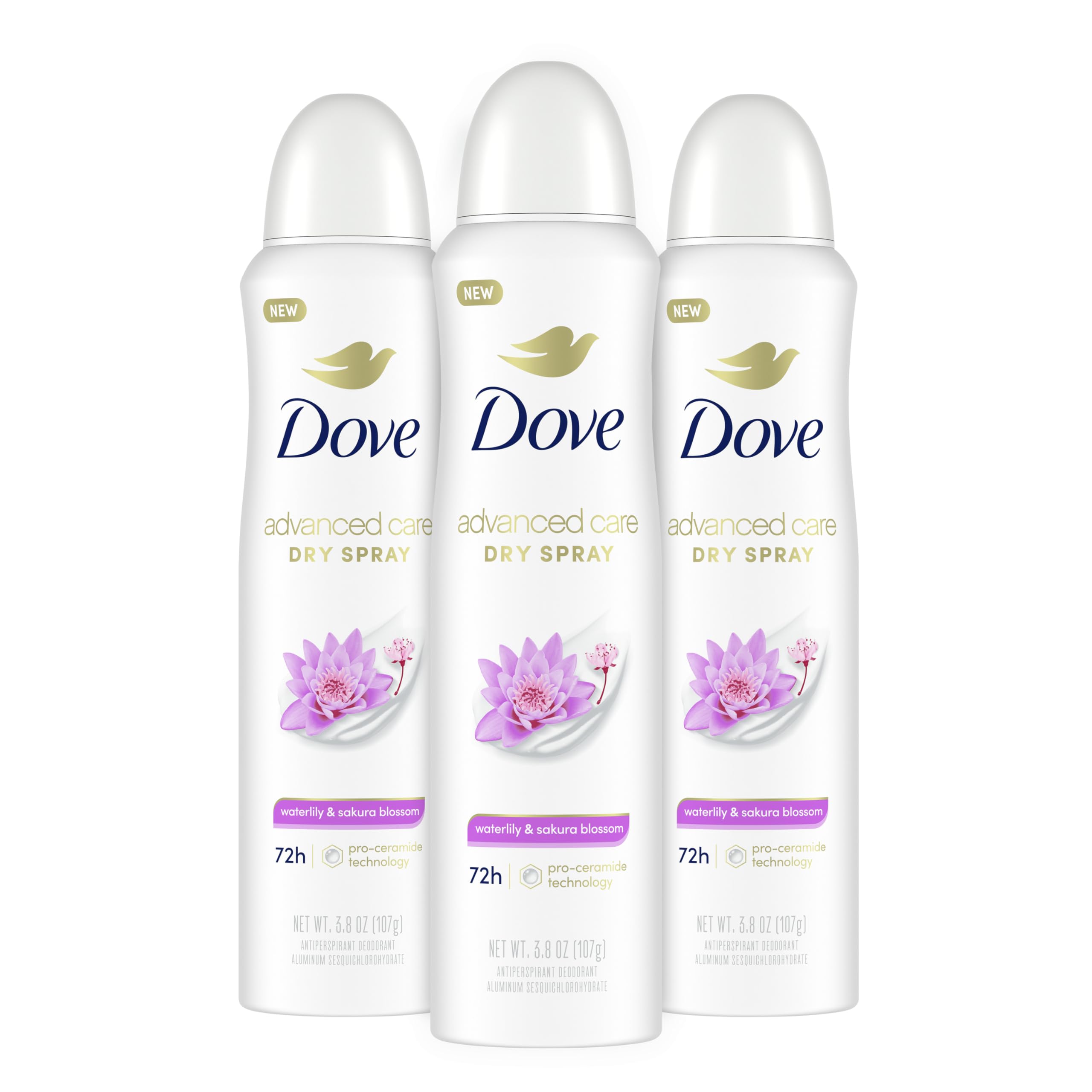 Dove Advanced Care Antiperspirant Deodorant Spray Waterlily & Sakura Blossom 3 Count Moisturizing for After-Shaving Care 72-hour that boost skin's ceramide levels for Soft Underarms 3.8 oz