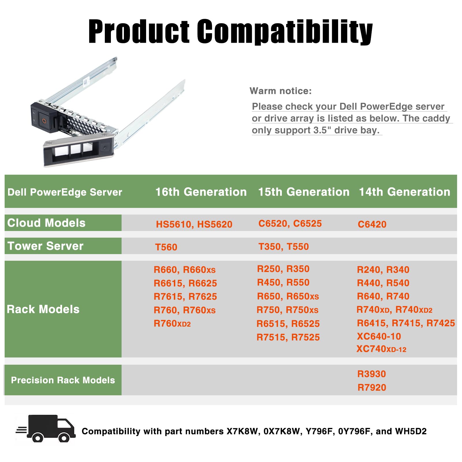 Hard Drive Caddy 3.5" SSD Mount X7K8W Hard Drive Bracket Metal HDD Caddy Compatible for Dell PowerEdge Servers 14th Gen R240 R340 R440 R540 R640 R740 R740xd2 R6415 R7425, 2 Pack