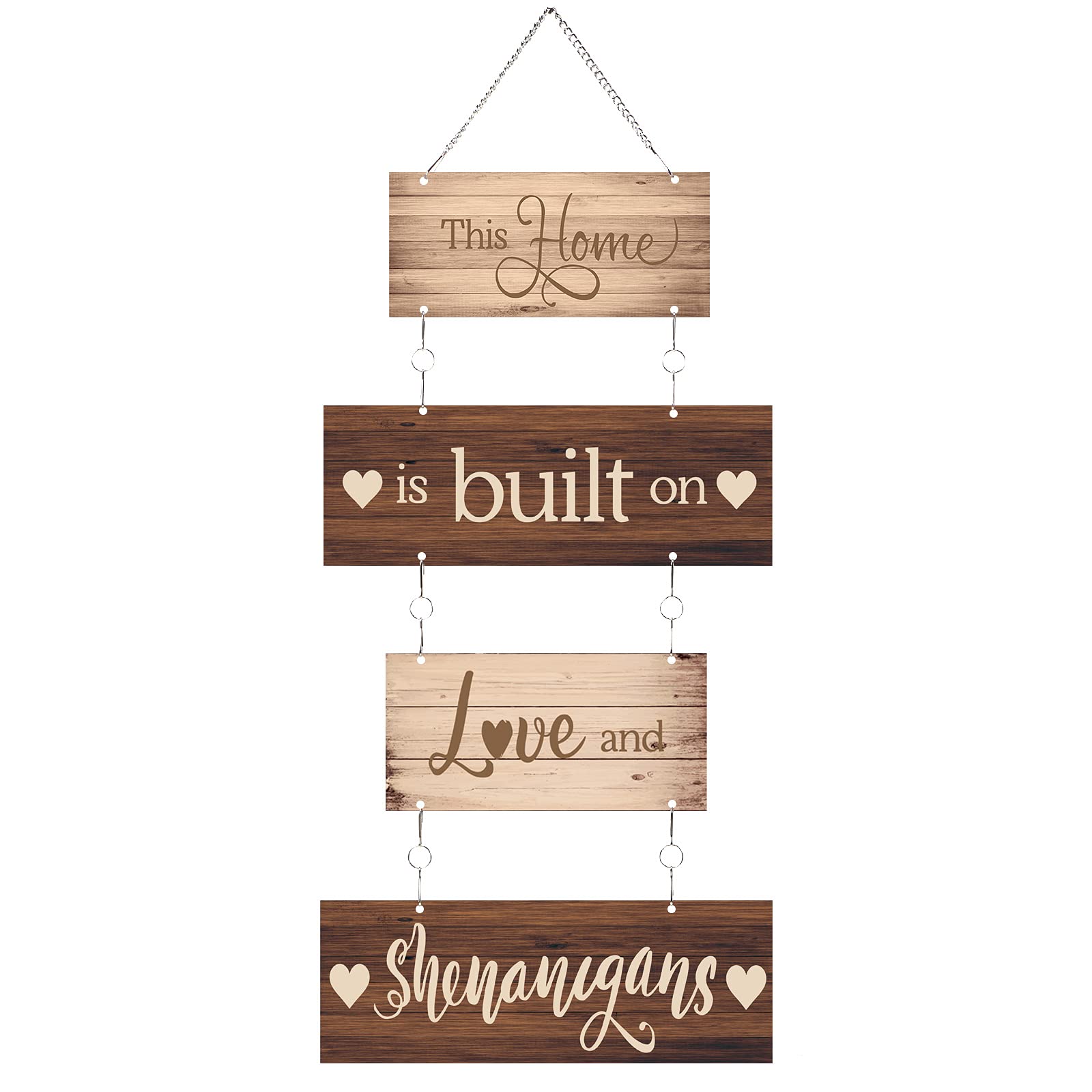 4 Pcs Home Family Sign This Home Is Built on Love and Shenanigans Hanging Home Decor Sign Rustic Wooden Farmhouse Wall Decoration for Living Room Bedroom Indoor Outdoor(Mixed Colors)