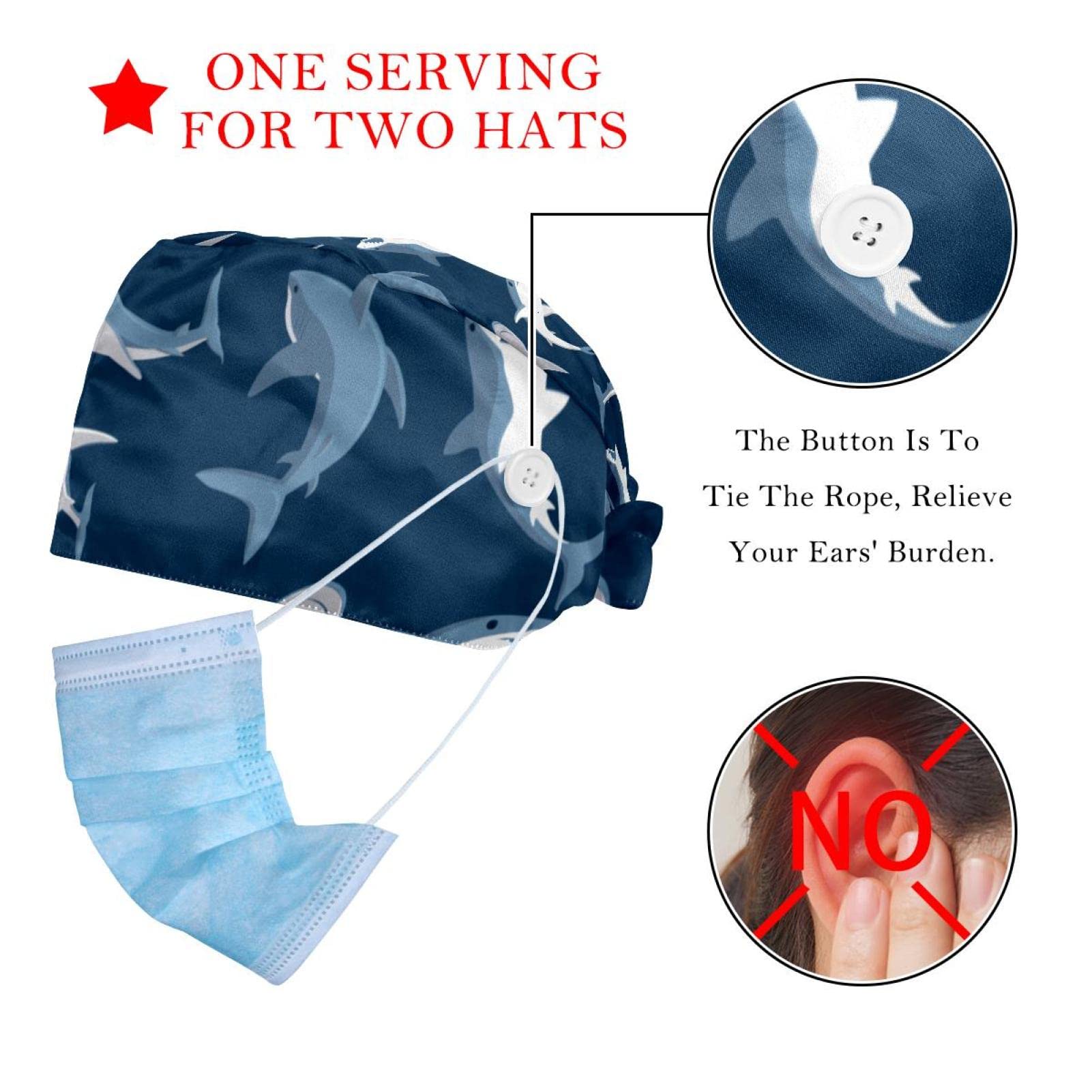 2 Pieces Adjustable Working Cap with Sweatband Suitable for Men and Women,Ocean Shark Multicolor Hat diameter is 18cm/7in