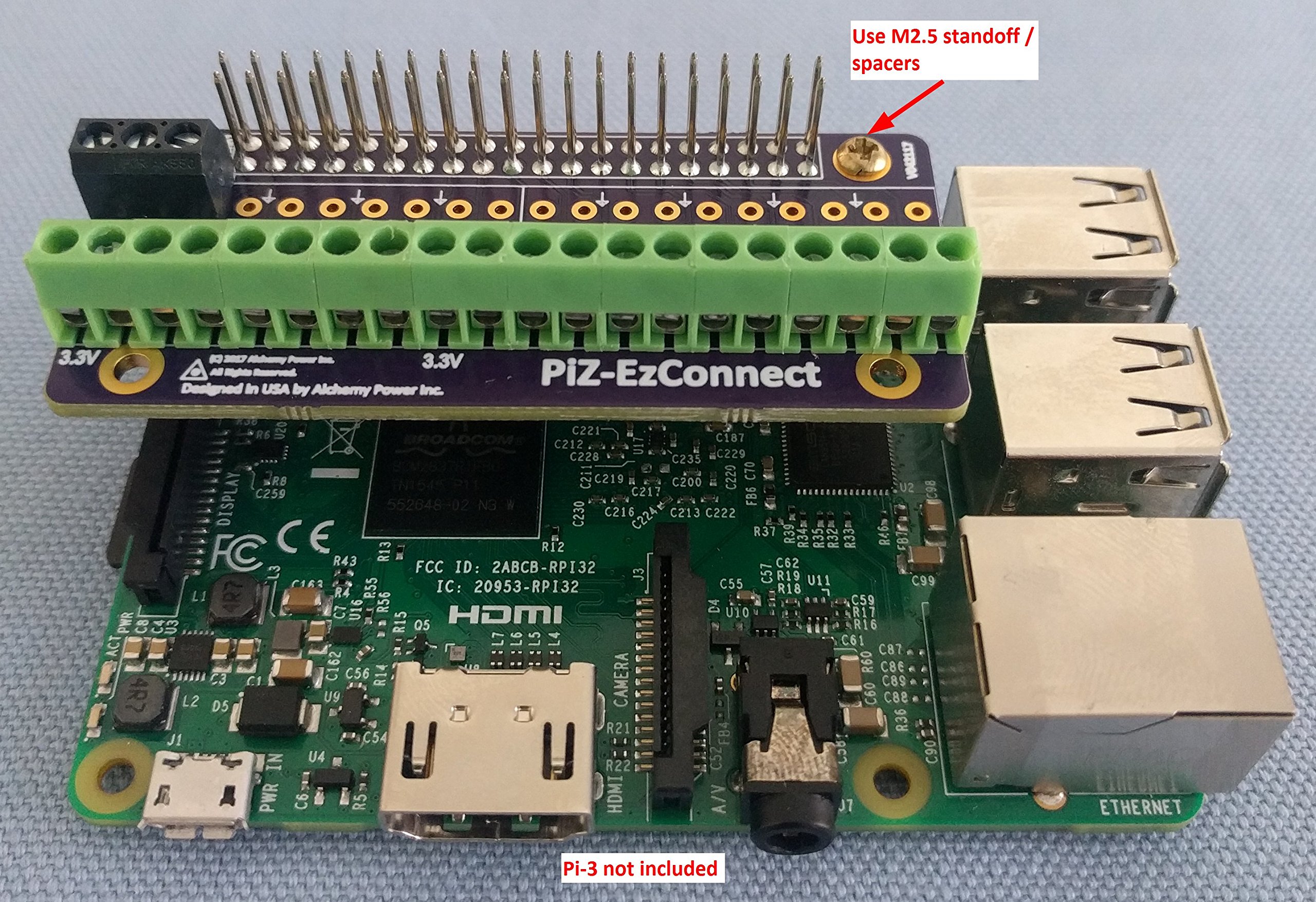 Alchemy Power Inc. Pi-Zero-EzConnect. Pi-Zero size GPIO connector. A HAT to connect GPIOs and sensors to Raspberry Pi Zero, Pi Zero W, Pi-3, or Pi-2.
