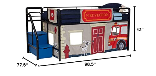 DHP Junior Twin Metal Loft Bed with Slide, Multifunctional Design, Silver with Blue Slide & Fire Department Design Curtain Set for Junior Loft Bed, Kids Furniture, Blue