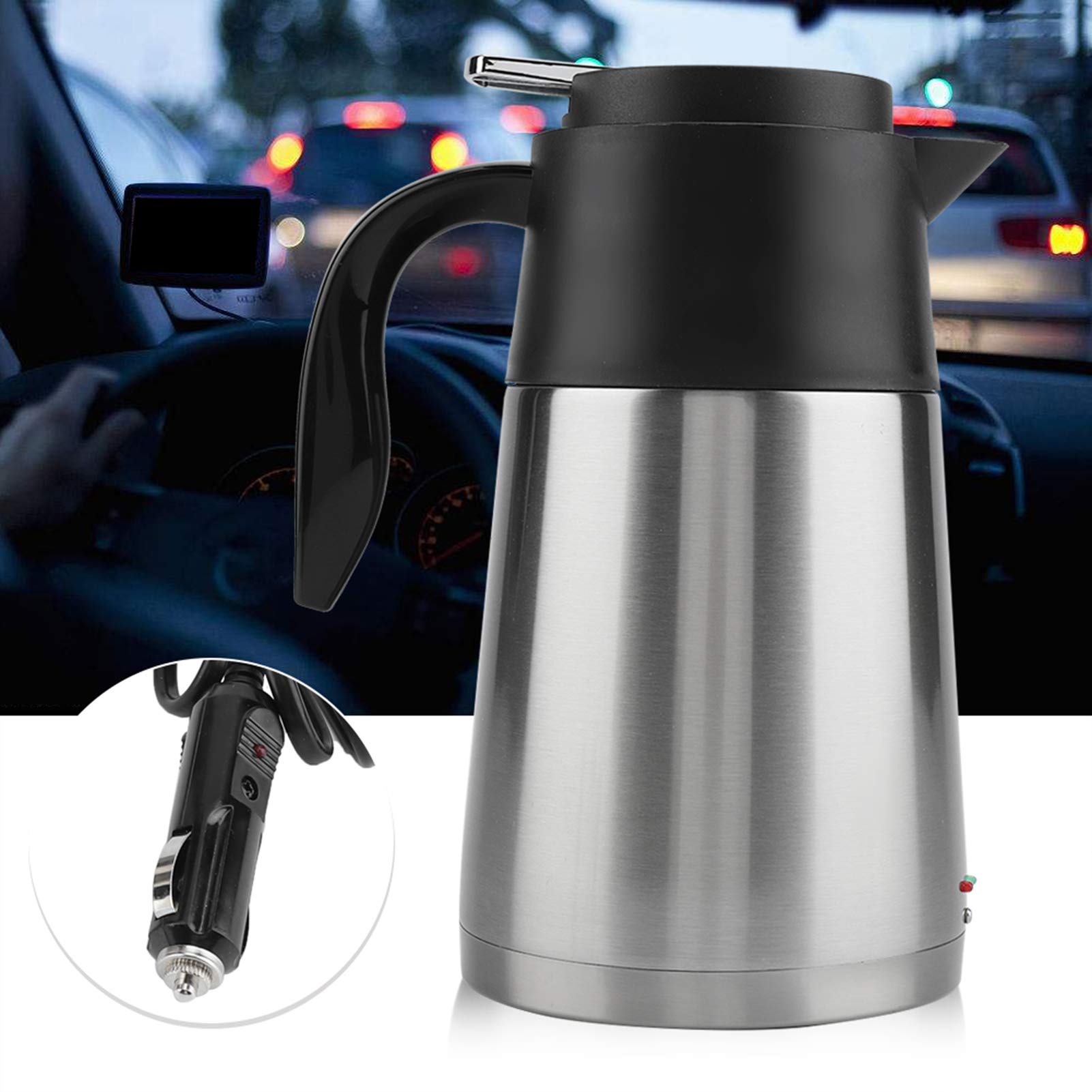 12V/24V 1300ml Stainless Steel Car Truck Travel Electric Kettle Pot with Heating Function for Long Drive, Safe to Drink, Good Insulation (12V car)