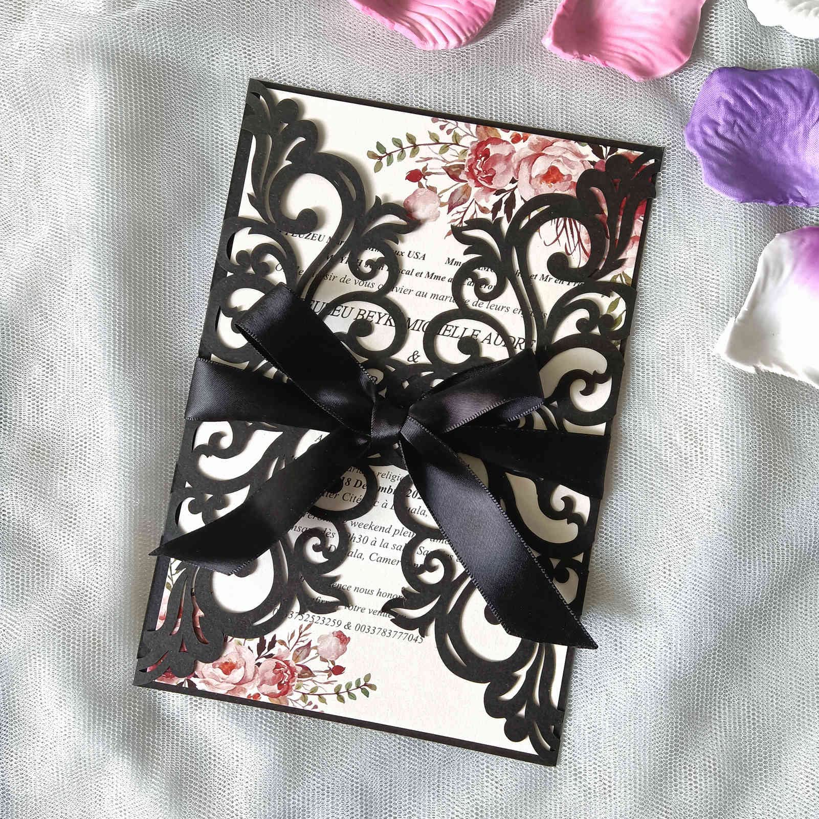 25PCS Laser Cut Wedding Invitations Cards with Envelopes,Blank Inner Sheets,Ribbons for Wedding Bridal Shower Quinceañera Engagement Birthday Invites, pearl black