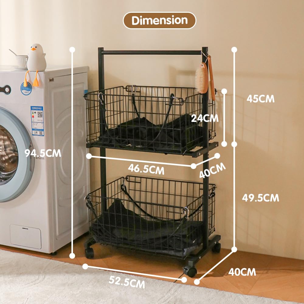 2 baskets rolling laundry basket for garments storage, easy moved with wheels have brake, Laundry basket, white and black,rolling basket (BLACK)