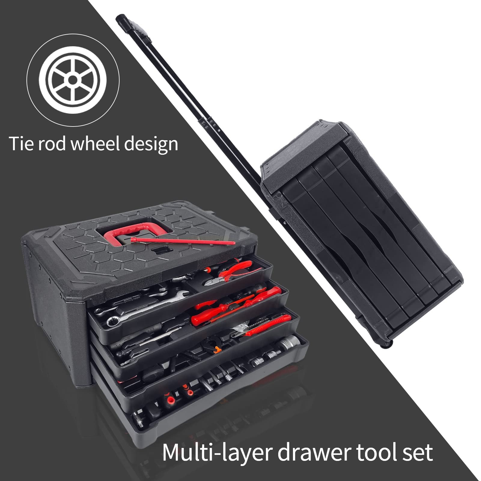 188-Piece Tool Set with Wheels, Tool Kit with Rolling Tool Box, Four-Layer Tool Kit, Toolbox Storage Case with Drawer, Complete Household Tool Kit, Tool Set for Men on Father's Day