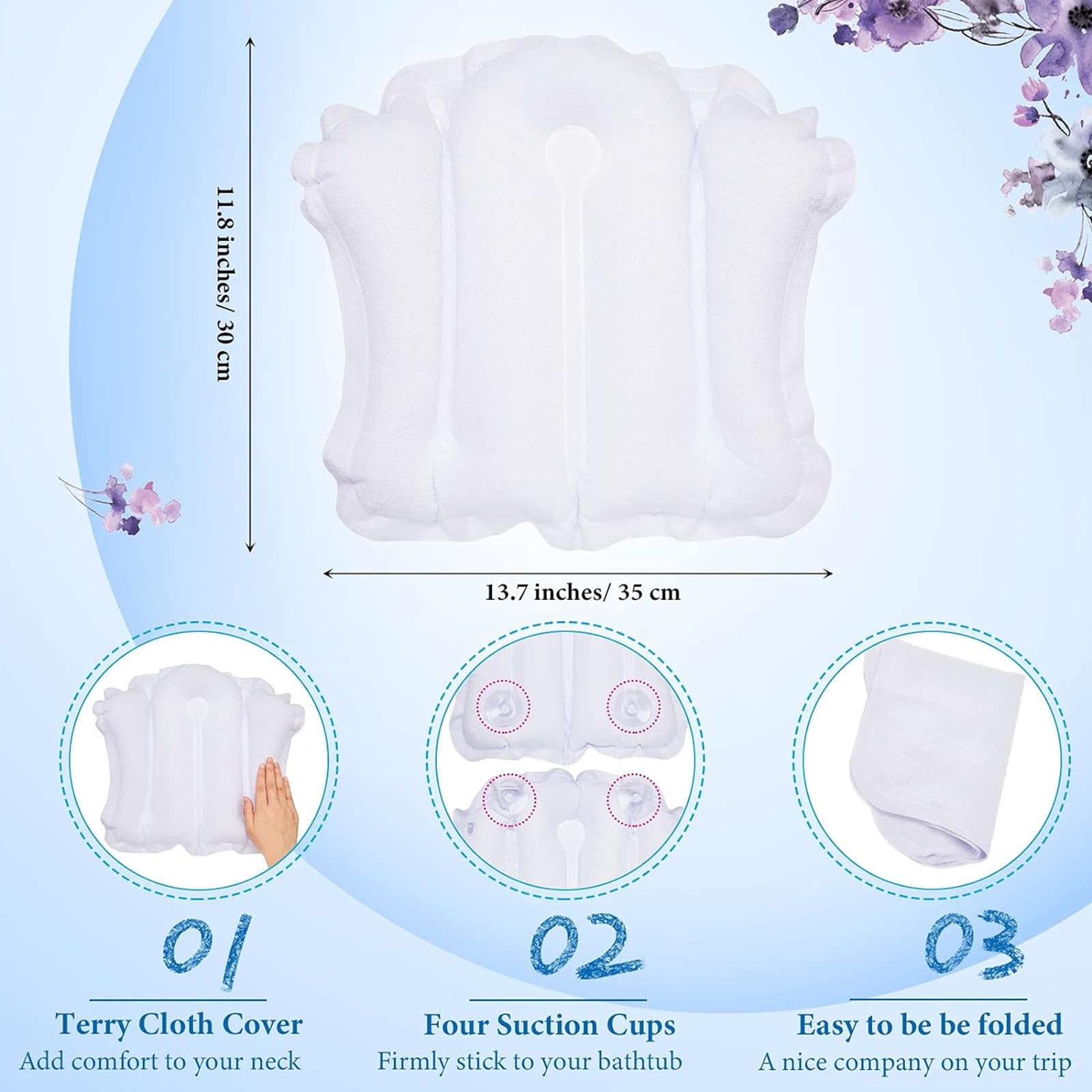 Jetec 2 Pcs White Inflatable Bath Pillow with Suction Cup Bathtub Spa Pillow Neck Support Supplies Shell-Shaped Soft Inflatable Cushion Large Small Size Fits All Tub Pool Bath and Bathroom 