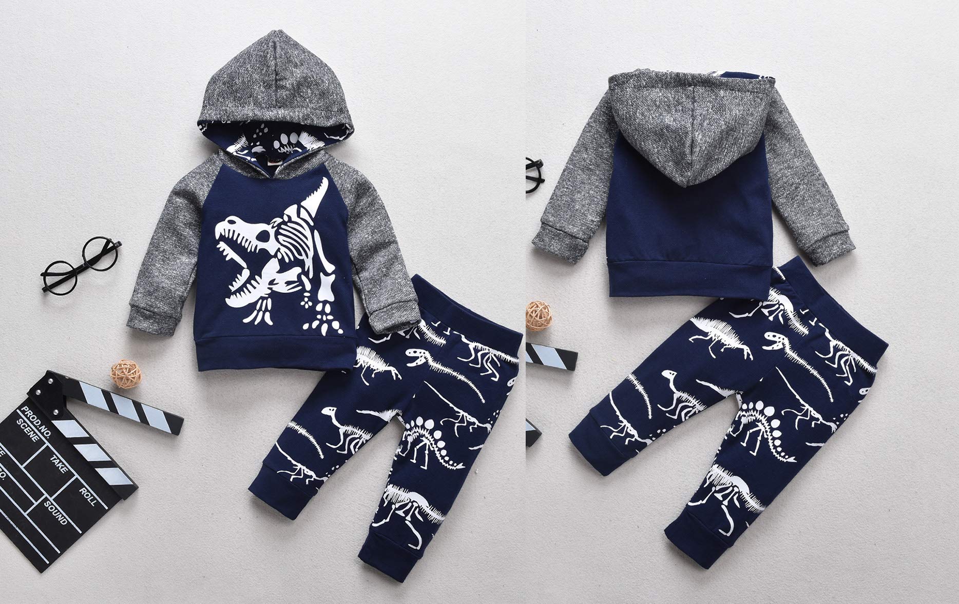 Baby Boys Dinosaur Long Sleeve Hoodie Tops Sweatsuit Pants Winter Outfit Set Gray