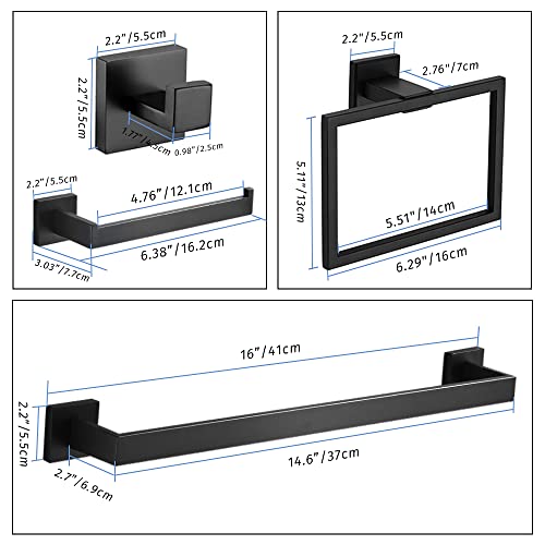 4-Piece Bathroom Hardware Accessories Set, Towel Bar Sets Include Towel Bar Towel Holder Toilet Paper Holder Towel Hook,16 inch Bath Accessories Kit,Matte Black