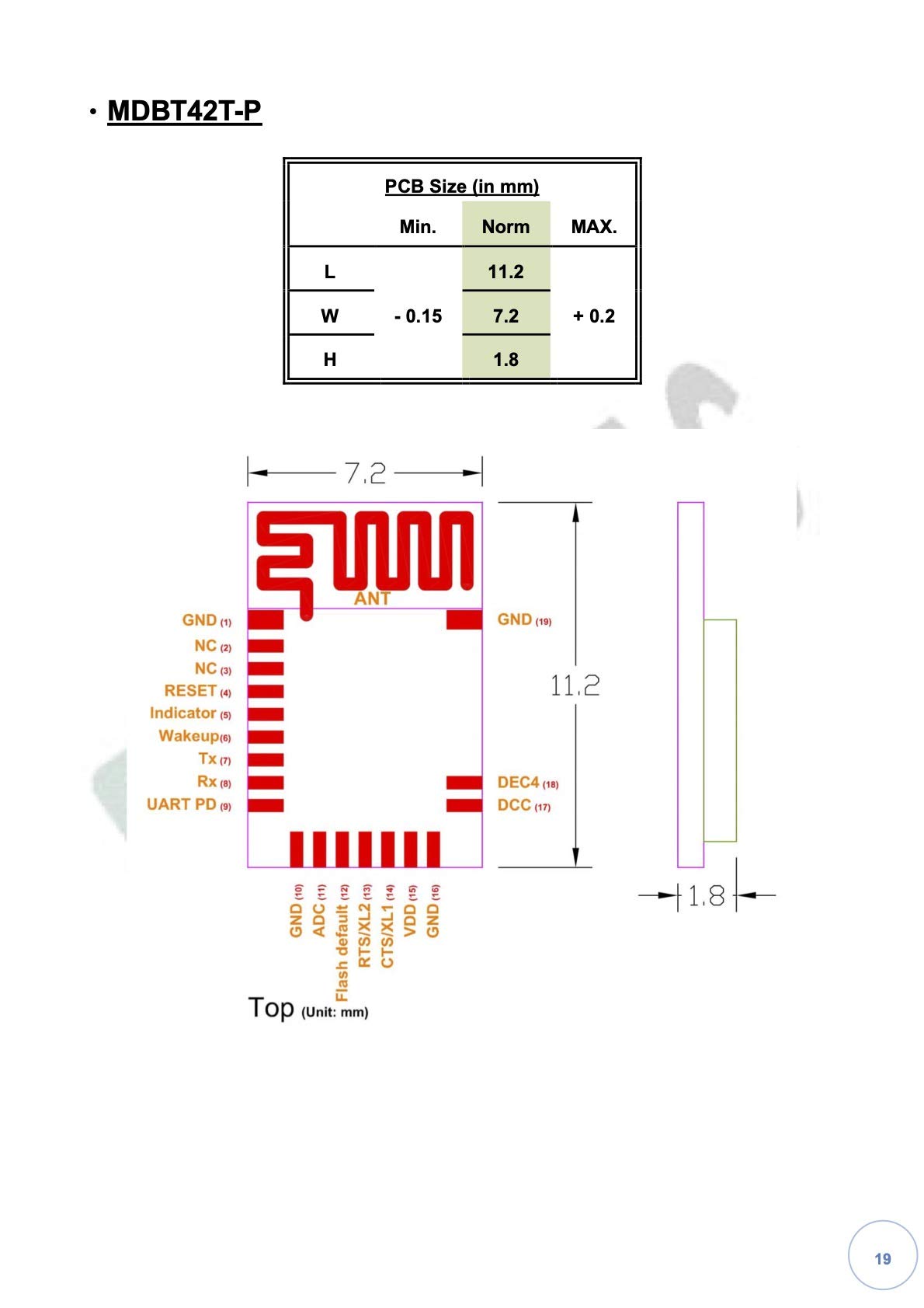 MDBT42T-PAT UART/at Command/NUS/SPP Bluetooth Module Nordic nRF52805 PCB Antenna BT5.2 FCC IC CE Telec KC RCM SRRC