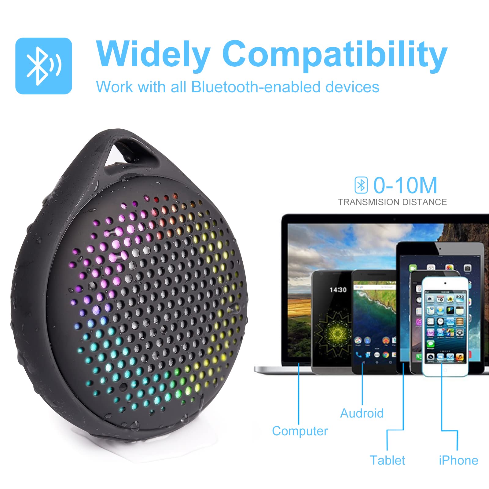 AVWOO Bluetooth Shower Speaker, IP67 Waterproof Speaker with RGB Light, Portable Bluetooth Speaker with Hi-Fi Sound and Built-in Mic, Support TF Card, Wireless Speaker for Home Outdoor Travel