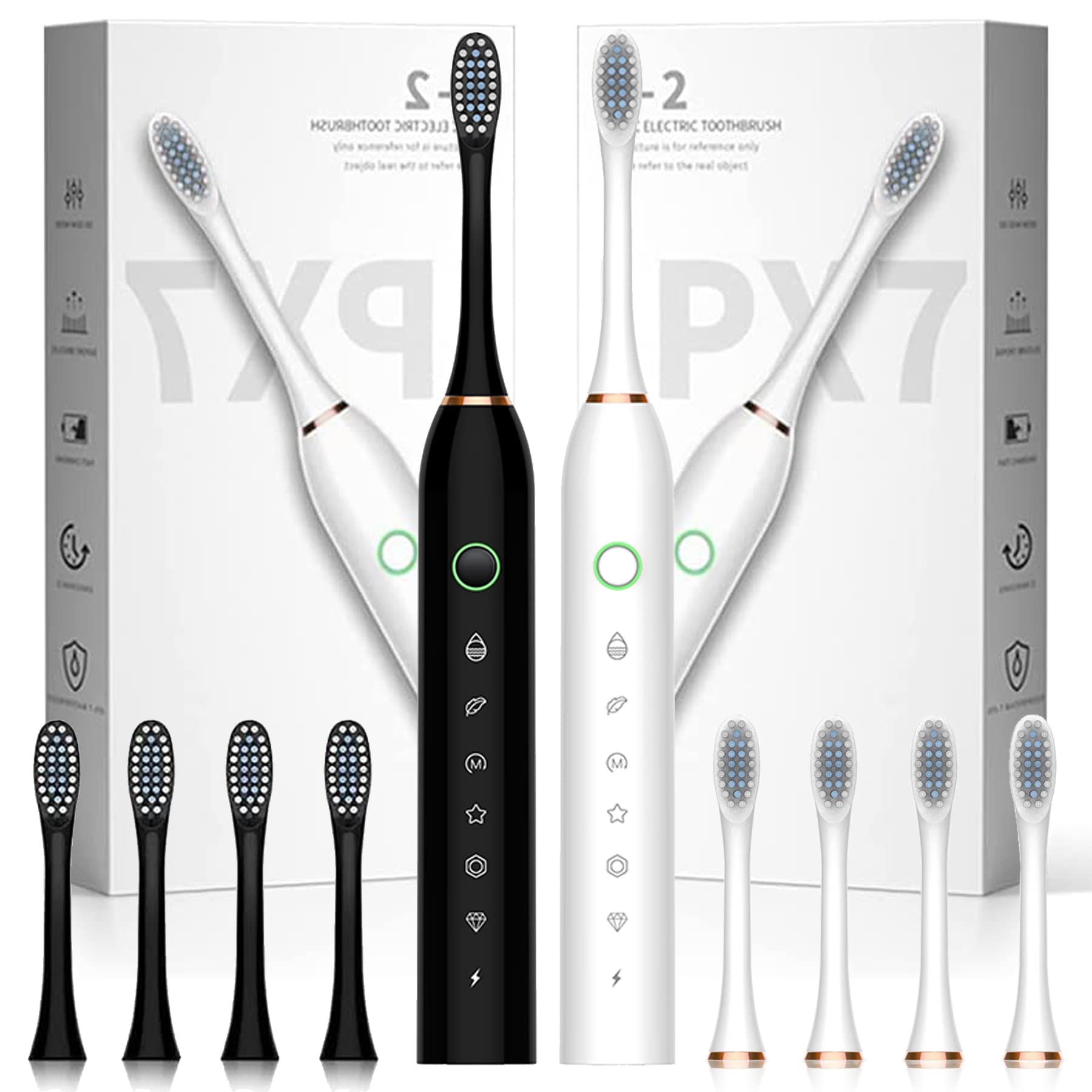 2 Pack Electric Toothbrushes Sonic Toothbrush Whitening with 8 Brush Heads, 6 Cleaning Modes and Smart Timer, for Adults Rechargeable Waterproof Cleaning Toothbrushes(Black+White)
